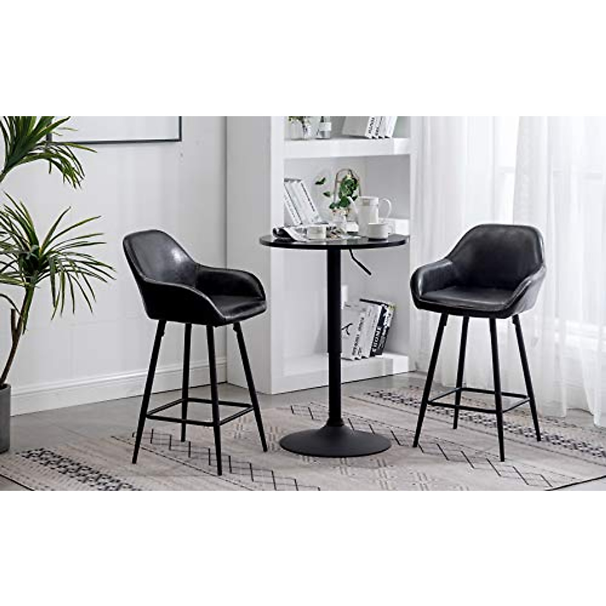 BTEXPERT 25 inch Bucket Black Faux Leather Accent Dining Bar Chair Set of 2