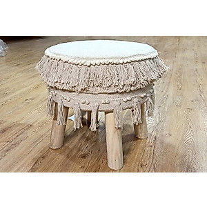 LR Home Ivory Textured and Fringed Bohemian Stool