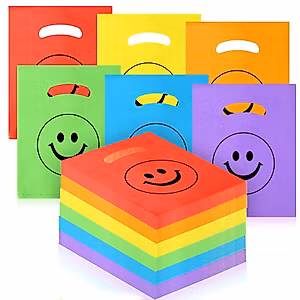 Geyee 300 Pieces Smile Face Gift Bags 6" x 8" Plastic Party Favors Bags Christmas Party Goodie Bags Treat Bags Bulk with Handle for Kids Birthday Party Classroom School Supplies(Multicolor)