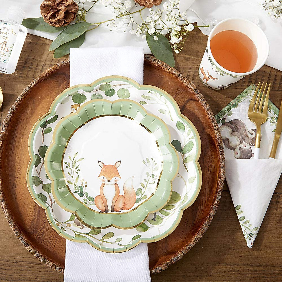 Kate Aspen 62 Piece Woodland Baby Shower Tableware Party Kit - 7 inch (16x) & 9 inch (16x) Heavy Duty Disposable Plates, Durable Paper Napkins (30x)