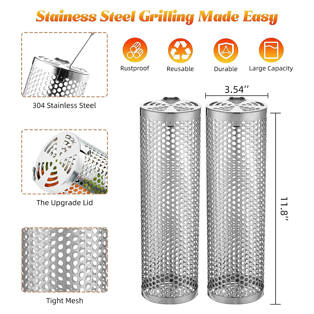 Grill Basket - Outdoor Rolling BBQ Basket - 2 Pcs Stainless Steel Grill Mesh, Rolling Grill Baskets for Outdoor Grill, Portable Grill Accessories for Outdoor Grill - Grilling Gifts for Men Dad Husband Him