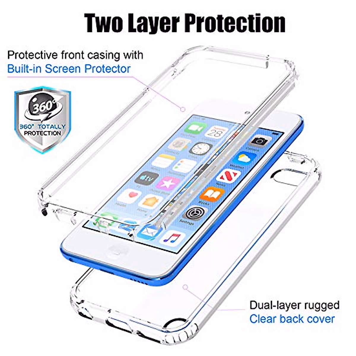 BESINPO iPod Touch 7th Generation Case, iPod Touch 6th/5th Generation Case, Full-Body Built-in Screen Protector Rugged Protection Shockproof Clear iPod Touch Case Cover for iPod Touch 7/6/5