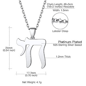 Supilght 925 Sterling Silver Hebrew Chai Necklace Jewish Life Chai Necklace Pendant for Women Men