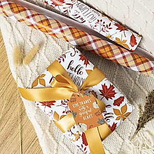 LeZakaa Fall Wrapping Paper Roll - Mini Roll - Maple Leaf with Hello Autumn Chestnut and Car/Plaid Print for Gift Wrap, Craft - 17 x 120 inches - 3 Rolls (42.5 sq.ft.ttl.)