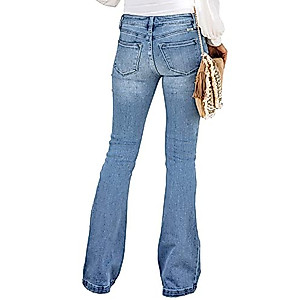 Utyful Women's High Waist Button Fly Ripped Jeans Stretchy Flare Denim Jeans Bell Bottom Pants Button Fly- Light Blue Medium