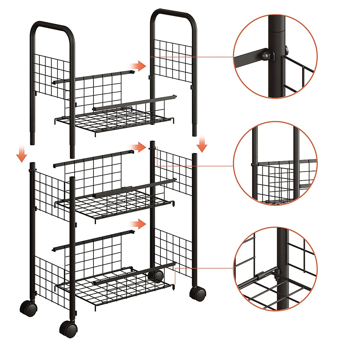 3-Tier FreeStanding Open Shelf with Wheels, Storage Rolling Cart Bathroom Organizer Shelves Unit, Metal Steel Storage Tower Organizer Rack Basket Cart for Bathroom, Living Room, Balcony, Kitchen
