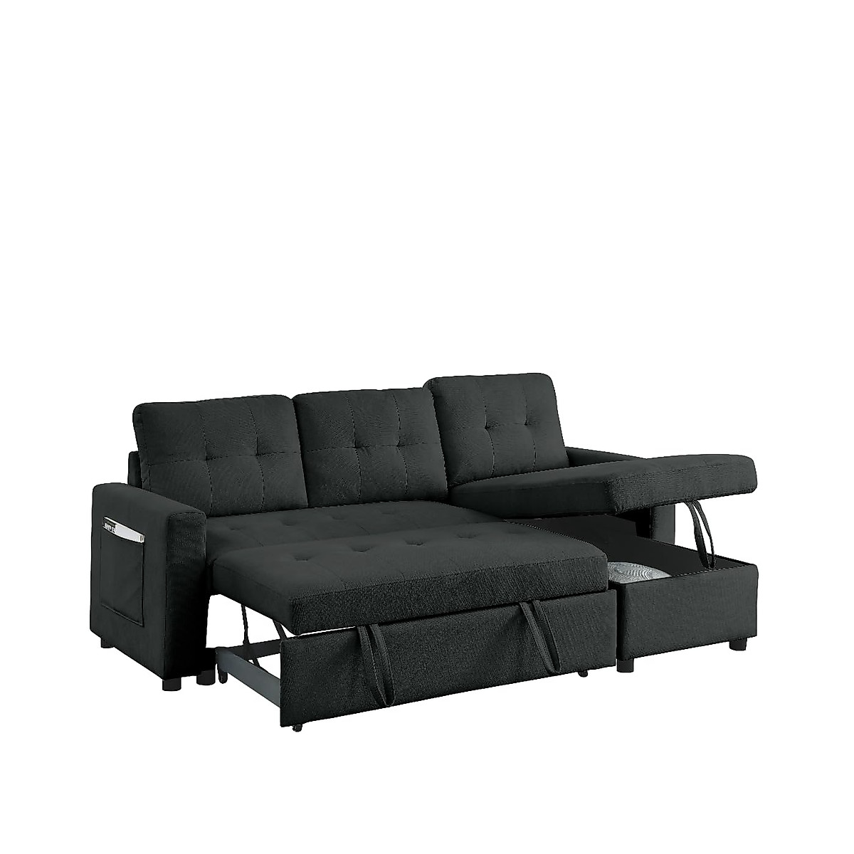 Pull Out Sleeper Sofa Convertible L-Shape Sofa Bed Reversible Sectional Couch with Storage Chaise and Side Storage Bag, Living Room Sofa Set for Living Room (Black)