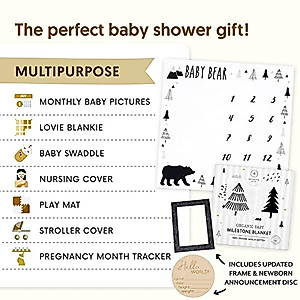Pondering Pine Organic Baby Monthly Milestone Blanket Boy - Baby Bear Blanket Months with Frame and Newborn Announcement Disc - Baby Boy Age Blanket for 1-12 Month Milestones, 47”x47”