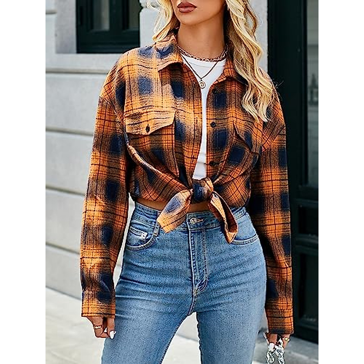 Womens Plaid Shirts Casual Long Sleeve Button Down Buffalo Flannel Shacket Loose 2023 Fall Blouse Tops Yellow