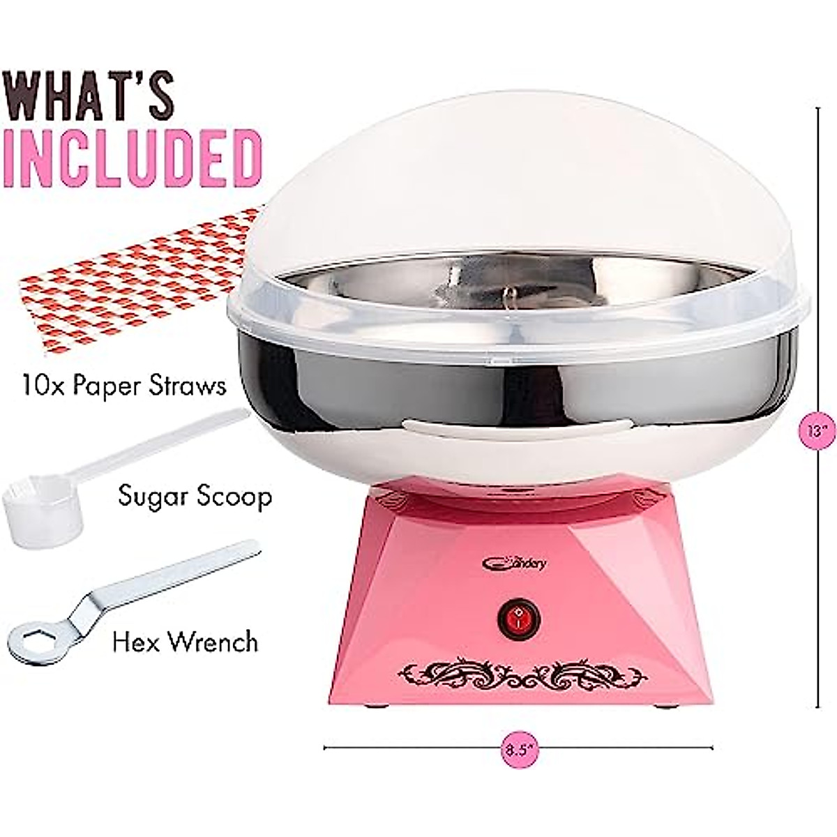 The Candery Cotton Candy Machine with Stainless Steel Bowl 2.0 and Floss Bundle- Flossing Sugar Floss, Sugar-Free Candy for Birthday Parties Fairs, Festivals- Includes 5 Floss Sugar Flavors 12oz Jars and 50 Paper Cones & Scooper