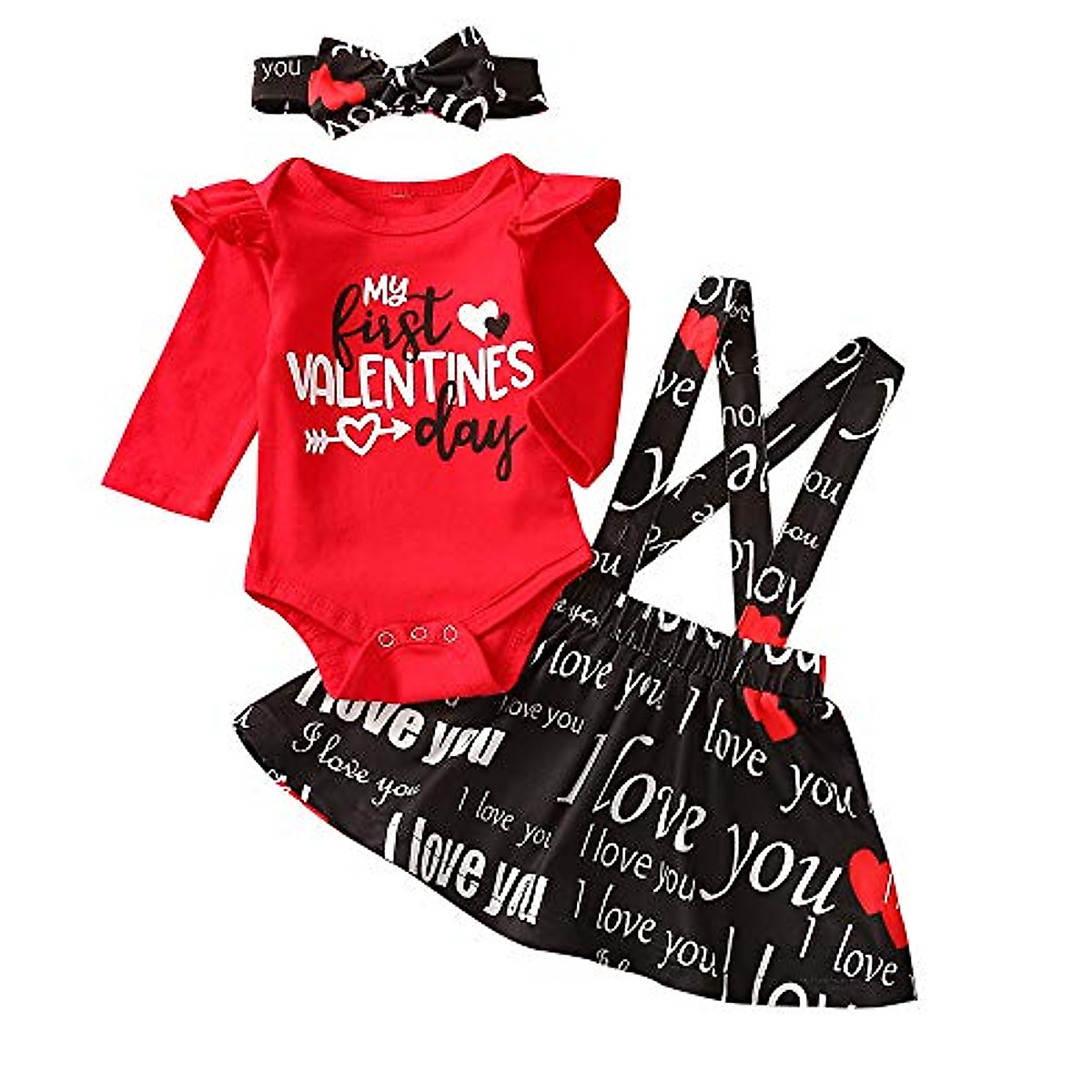 My First Valentine's Day Baby Girl Outfits Ruffle Long sleeve Romper Tops+Suspender Skirt+Headband Clothes Sets (Red, 0-3 months)