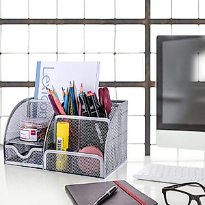 Desk Organizer Office Accessories, Multi-Functional Mesh Desk Organizer with 6 Compartments and 1 Drawer for Home, Office, School, Workshop, kitchen (Silver)