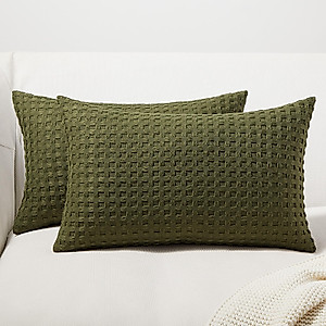 Topfinel Olive Green Lumber Decorative Throw Pillow Covers 12x20, Rectangular Dark Green Cotton Waffle forest Green Cushion Covers Boho Farmhouse Long Pillows for Bed Couch Sofa, Balcony Porch 2PC