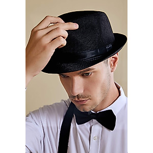 BABEYOND Straw Fedora Hat for Men Panama Trilby Hat Short Brim Summer Sun Hat A-Black