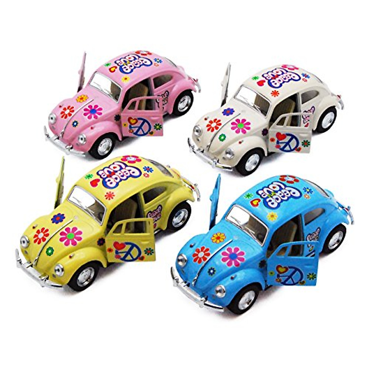 KiNSMART 1967 Volkswagen Classical Beetle w/Peace Love Decals, Set of 4 5375DF - 1/32 Scale Diecast Model Toy Cars