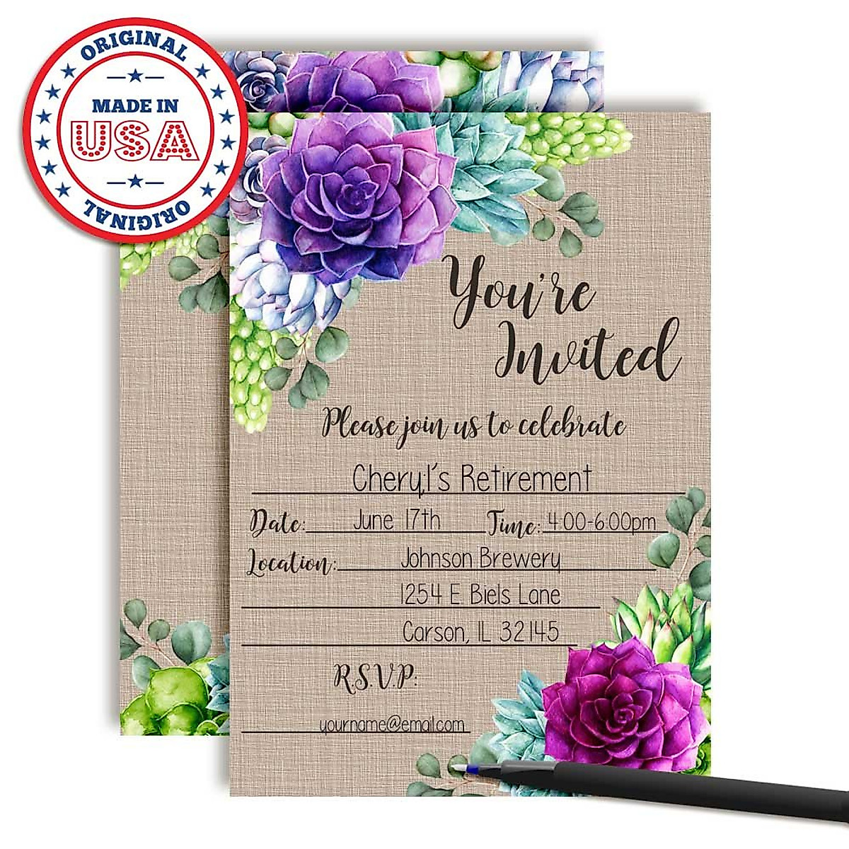 Watercolor Succulent Party Invitations for Birthdays, Baby Showers, Bridal Showers and More! 20 5x7 Fill In Cards with Twenty White Envelopes by AmandaCreation