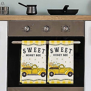 Kitchen Towels Summer Sweet Gnome Bee Truck Absorbent Tea Towel Soft Hand Dish Towel Yellow Plaid Reusable Washable Cleaning Cloth Hand Bath Towels for Bathroom Bar for Everyday Cooking (Pack of 1)