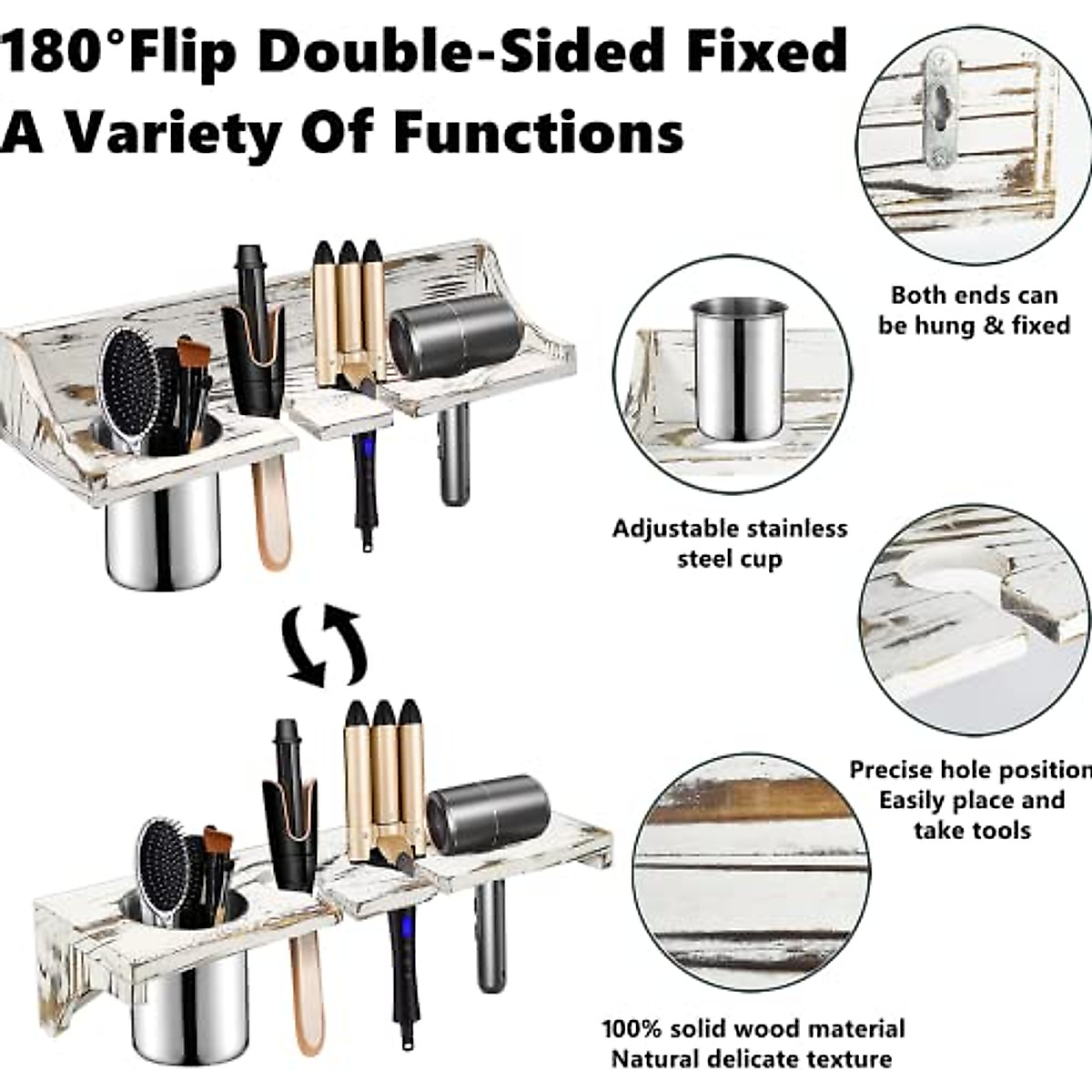 Hair Dryer Holder Wall Mounted Blow Holder Bathroom Hair Tool Organizer, Hair Styling Care Tool Organizer, Rustic Wood Beauty Appliance for Flat Iron, Curling Wand, Hair Straighteners（Rustic White ）