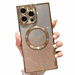 Misscase for iPhone 14 Pro Max Magnetic Case Compatible with MagSafe,Full Protection Square Glitter Case with Camera Lens Protector Anti-Scratch Dust-Proof Net Case Cover for iPhone 14 Pro Max Gold