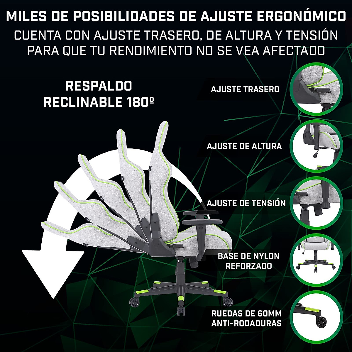 Newskill Kitsune Zephyr Series Gaming Chair Finished in Ultra-Breathable Fabric with Adjustable Armrests and Reclining up to 180° – Grey and Green