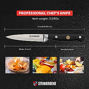 STEINBRÜCKE Paring Knife 4 inch, Small Kitchen Knife Forged from German 5Cr15Mov(HRC58) Stainless Steel, Full Tang Sharp Paring Knife with Ergonomic Handle for Cutting, Peeling and Slicing