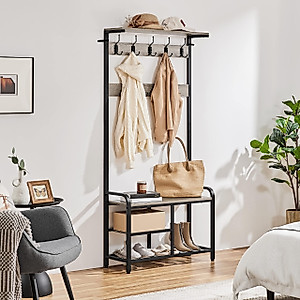 Topeakmart Hall Tree with Bench and Shoe Storage, Coat Rack with Top Shelf, 23 Hooks, 4-in-1 Design, Entryway Storage Organizer for Hallway Bedroom Apartment, Metal Frame, Gray