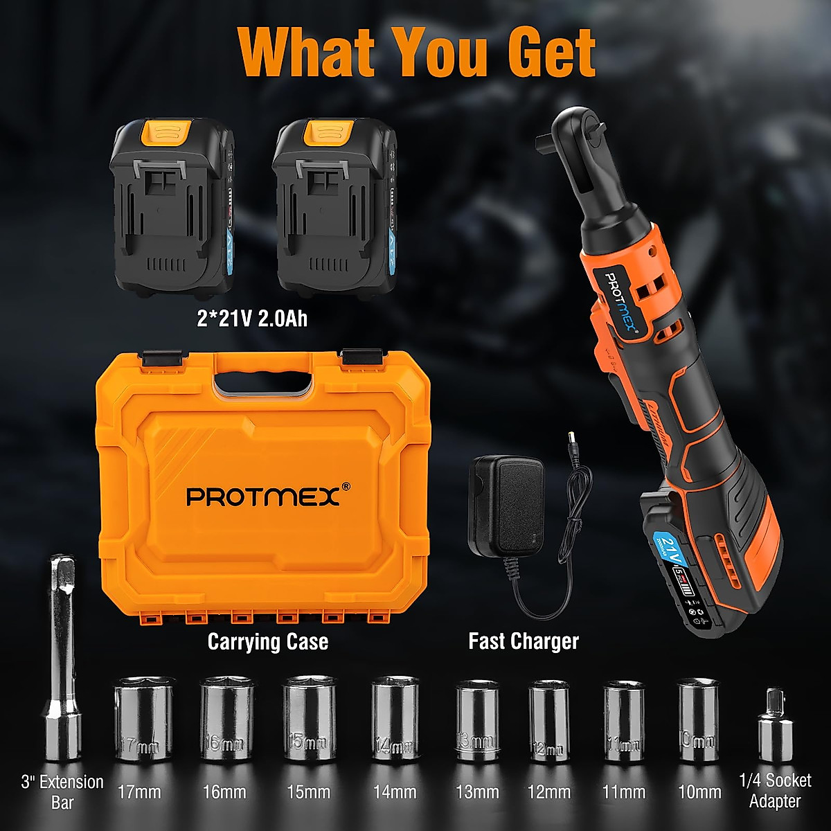 Protmex 3/8'' Cordless Ratchet Wrench, 60FT-LBS (80N.m) Electric Ratchet with 21V 2 X 2.0Ah Battery, 400 RPM Chargeable Power Ratchet Driver Set with 8 Sockets,1/4 Adaptor, 3" Extension Bar