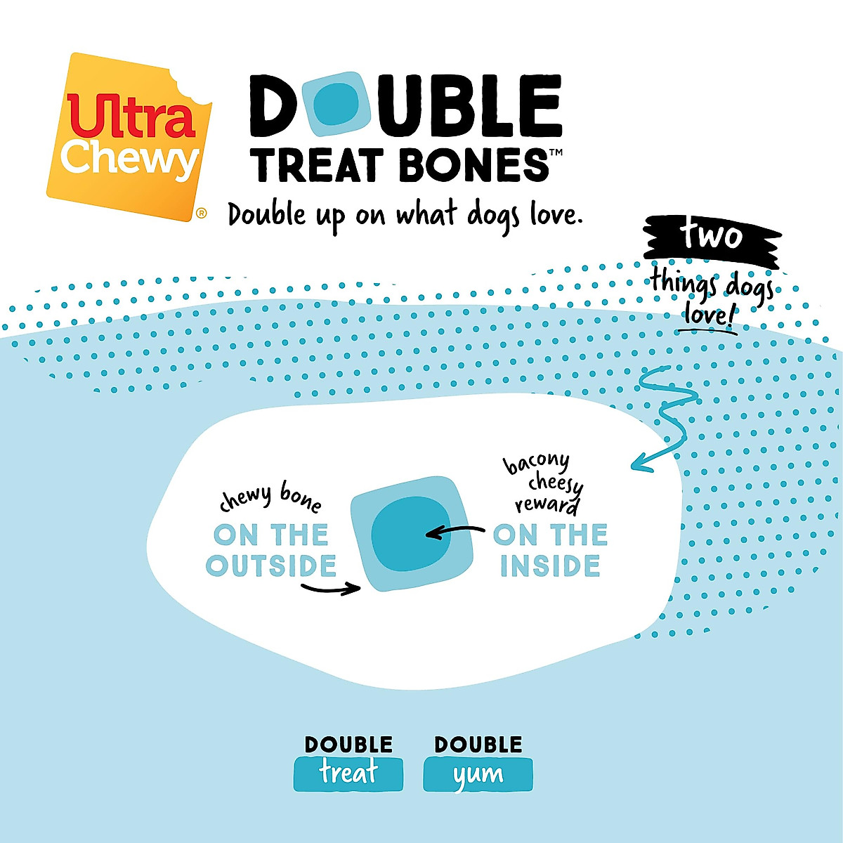 Ultra Chewy Double Treat Bones: Long-Lasting Dog Treats Made in USA for Large and Small Breeds, Highly Digestible, Ideal for Aggressive Chewers (Bacon & Cheese, 24 Count)