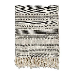 SARO LIFESTYLE Sevan Collection Block Print Fringed Throw Blanket, 50" x 60", Natural