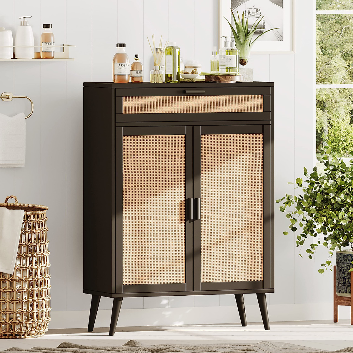Rovaurx Accent Floor Storage Cabinet with Rattan Doors, Bathroom Cabinet with Large Drawer, Floor Cabinet Organizer, Black and Natural BMGZ107B