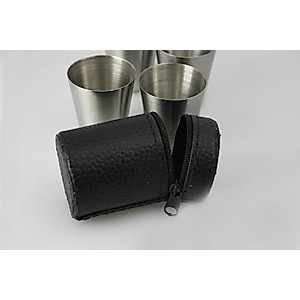 Yueton® Set of 4 Stainless Steel Shot Cups Drinking Vessel with Black Leather Carrying Case (30ml)
