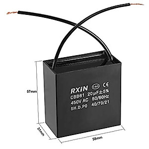 uxcell Ceiling Fan Capacitor CBB61 20uF 450V AC 2 Wires Metalized Polypropylene Film Capacitors 58x31x57mm for Water Pump Motor Generator