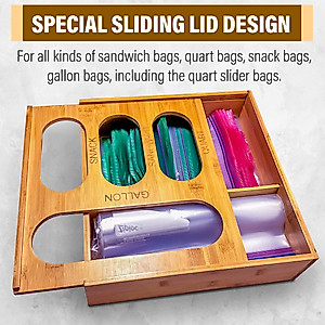 Zippy Bamboo Ziplock Bag Organizer for Drawer – 4 Labeled Compartment Bamboo Kitchen Food Storage Plastic Bag Organizer Holders, Gallon Quart Snack Sandwich and Slider Storage Bag Organizer