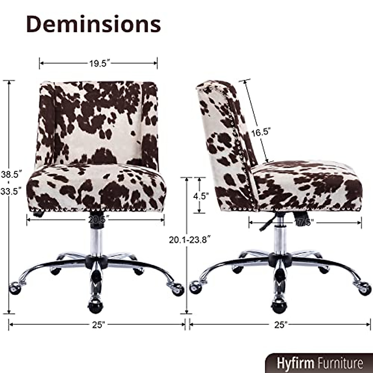 Hyfirm Home Office Desk Chair with Wheels, Modern Rolling Task Chair for Bedroom/Computer/Studing/Small Spaces, Teen Girls Comfy Fabric Armless Desk Chair, Cow