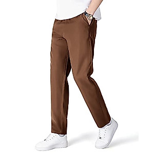 Mens Classic Fit Chinos Pants Flat Front Straight Leg Casual Pant Comfort Stretch Solid Trousers Brown