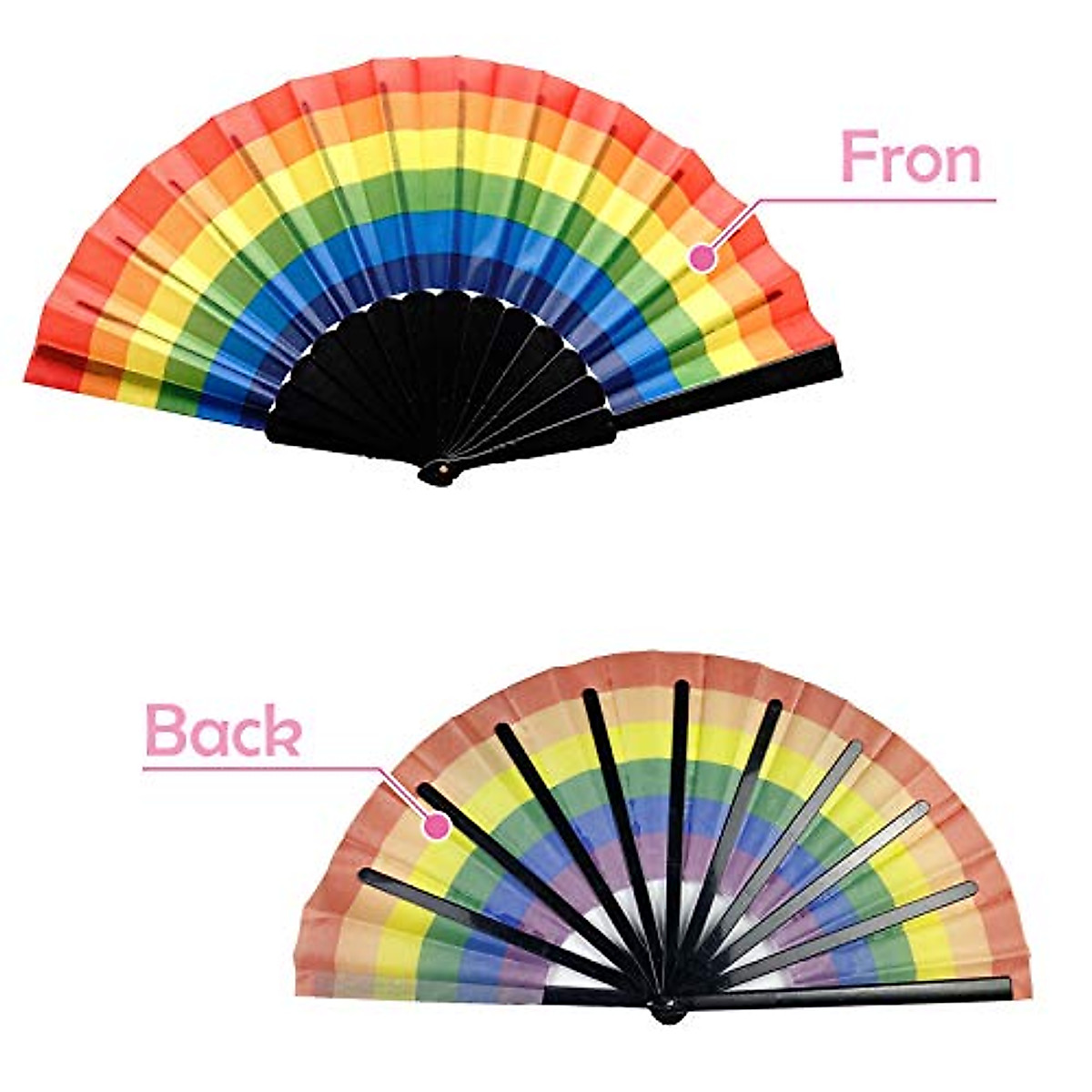 AMS Rainbow Hand Fans, Pride Fan Folding Hand Fan, Colorful Hand Held Fan, Plastic Folding Fan for Music Festival Events and Dance Supplies (10pcs Black Slats).