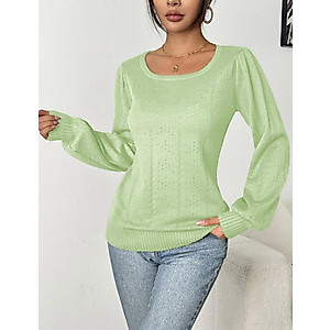HOTOUCH Womens Puff Sleeve Sweater 2025 Square Neck Casual Cozy Cute Knit Slim Pullover Jumper Tops