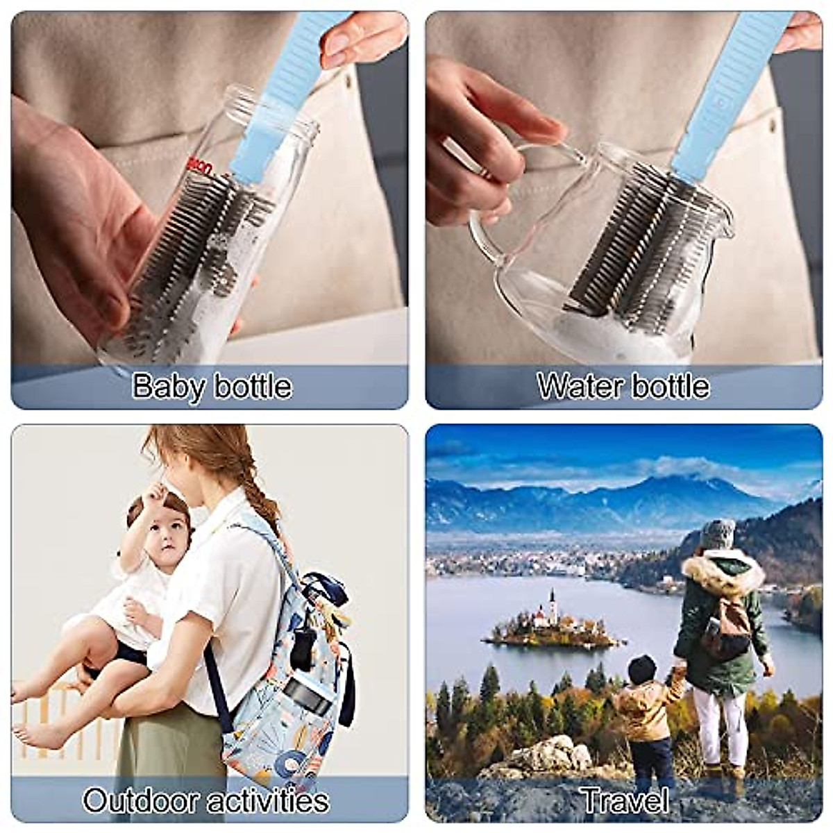 6 in 1 Baby Bottle Brush Set, Bottle Cleaner Kit with Silicone Bottle Brush, Nipple Brush, Straw Cleaning Brush, Soap Dispenser, Baby Bottle Drying Rack for Travel and Home Use (Pink)