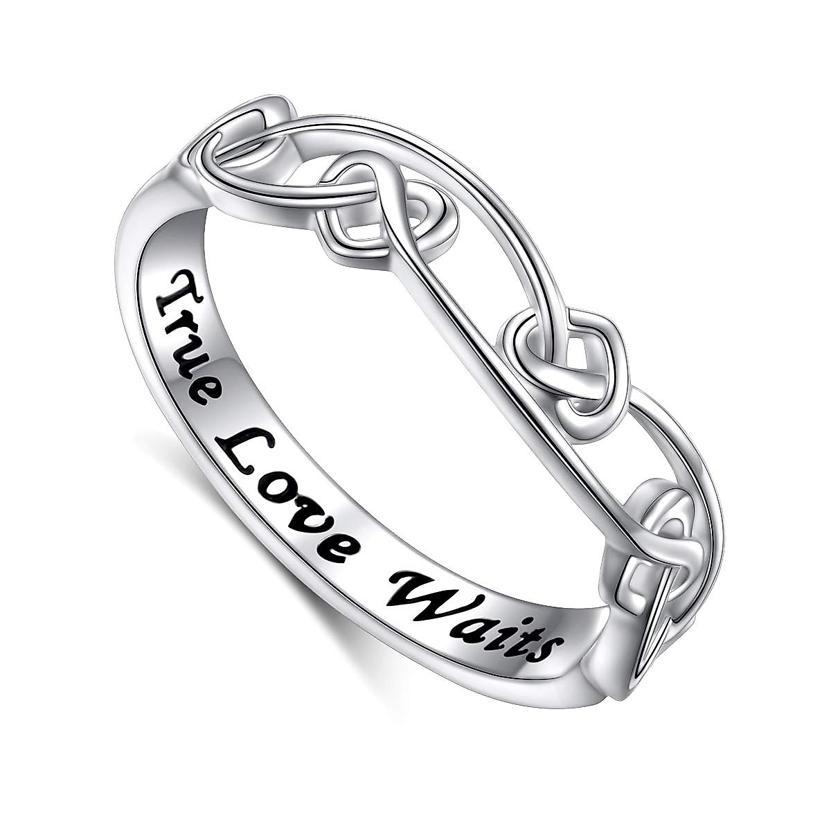 DAOCHONG S925 Sterling Silver Engraved True Love Waits Celtic Love Knot Ring for Women Girlfriend Wife Wedding Engagement Ring Size 7