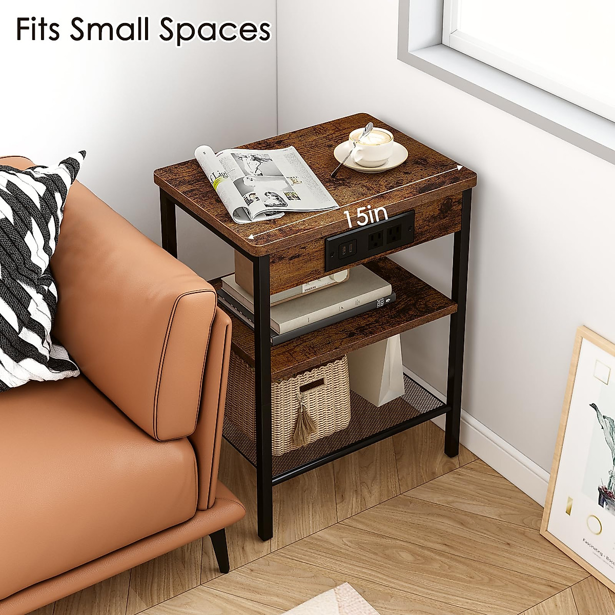 Fixwal Side Table, Night Stand with Charging Station, 3-Tier End Table with Storage Shelf, Side Table for Living Room, Bedroom, Rustic Brown and Black