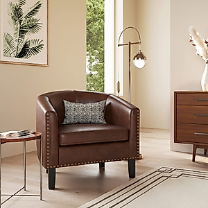 BELLEZE Accent Barrel Chair, Modern Tub Club Chair Upholstered Armchair for Living Room, Faux Leather Chair with Gold Nail Head Trim Black Legs - Kyara (Brown)