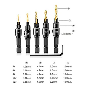 GRABOTE 5Pcs Countersink Drill Bit Set 1/4'' Hex Shank HSS Woodworking Pilot Screw Holes 5 Sizes (#5, 6, 8, 10, 12) with Hex Key