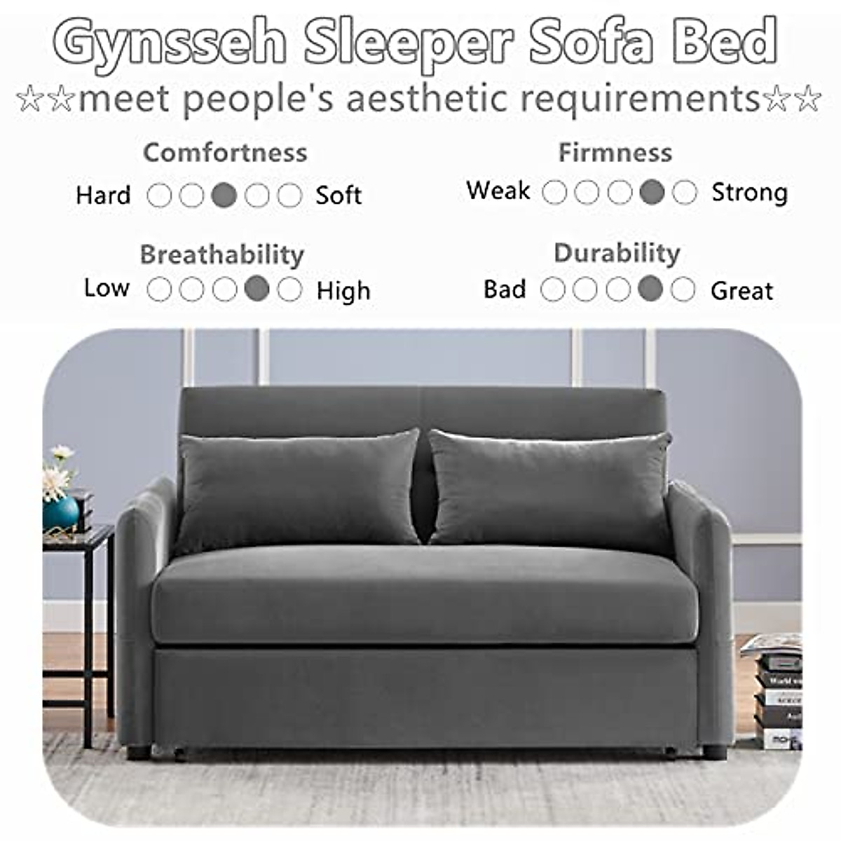 Gynsseh Loveseat Couch Pull Out Bed, 3 in 1 Convertible Sleeper Sofa Bed with Pillows and Storage Pocket, Soft Velvet Love Seat Lounge Sofa Bed Couch for Living Room, Gray
