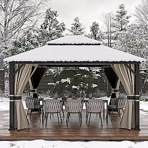 Amopatio 12' X 14' Hardtop Gazebo Permanent Aluminum Gazebos with Galvanized Steel Double Roof for Patio Lawn and Garden，with Curtains & Mosquito Netting