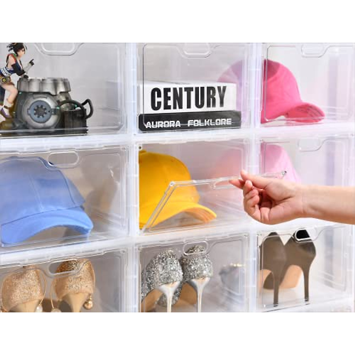 INSTY Hat Organizer Box for Baseball Caps, 4 Pack Plastic Hat Storage Containers, Clear Hat Box for Hat Display, Stackable Dust Proof Hat Rack With Magnetic Door, Easy to Assemble Hat Holder