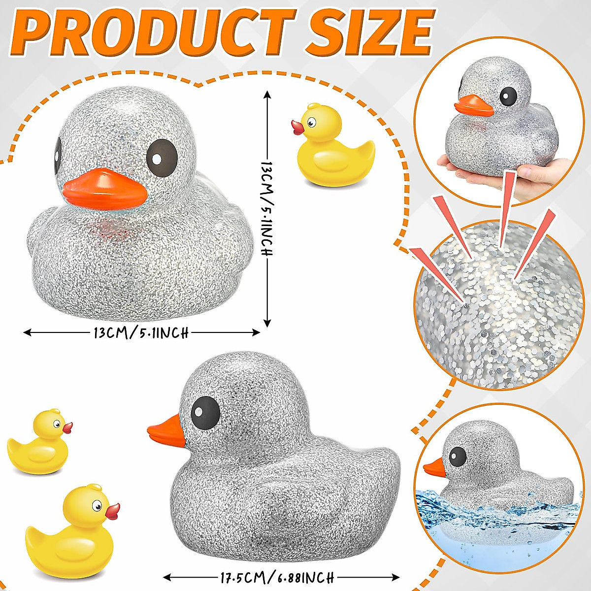 Honoson 6.89 Inch Giant Glitter Rubber Duck Big Glitter Rubber Duck Large Sparkly Duck Bath Toy with Squeaky Sound for Summer Baby Shower Birthday Party Favor Gift (Silver)