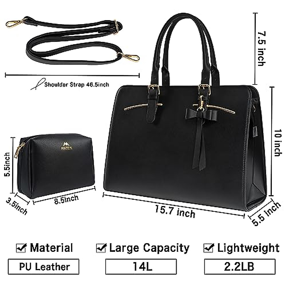 MATEIN 14 Inch Laptop Bag for Women, Lightweight PU Leather Computer Briefcase, Ladies Business Office Work Bag with USB Charging Port, Fashion Waterproof Shoulder Bag Handbags Purse 2pcs Set, Black