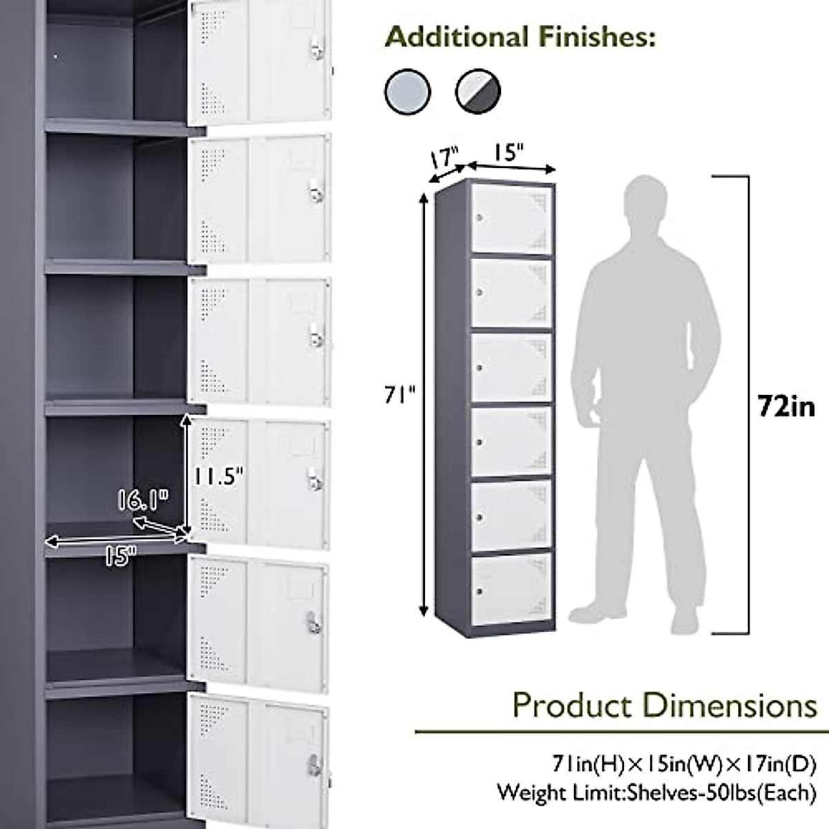 Metal Lockers for Employees - 71" Storage Locker Cabinet Large Employee Lockers with 6 Doors - 6 Tier Steel Lockers for Kids Bedroom, Gym, School, Office, Garage (6 Doors, White Grey)