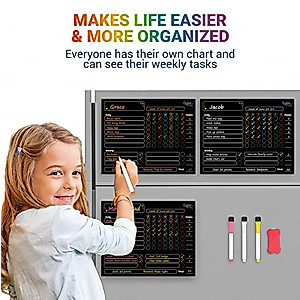 Magnetic Black Chore Chart 3pcs for Multiple Kids & Adults - 4 Fine Tip Chalk Markers - Dry Erase Black Boards - Reward Good Behavior for Toddlers & Responsibility for Teenagers - Organize The Family