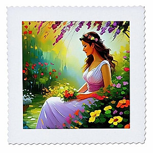 3dRose Charming Woman with a Bunch of Flowers Sits in The Flower... - Quilt Squares (qs-379097-2)